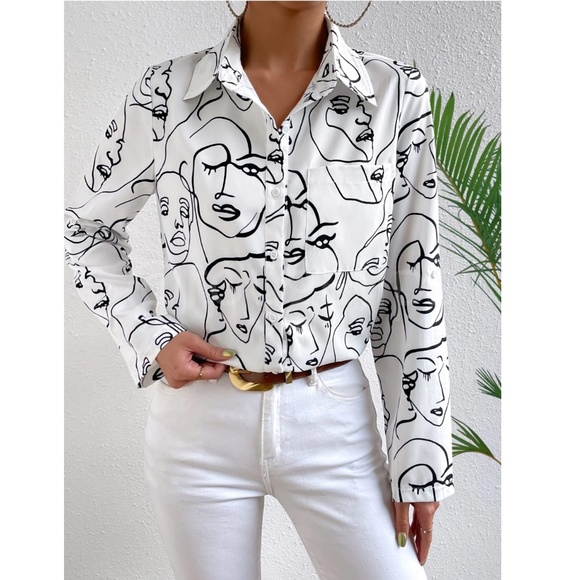 Rouge! | Tops | Abstract Face Print White Button Up Down Shirt Chest ...
